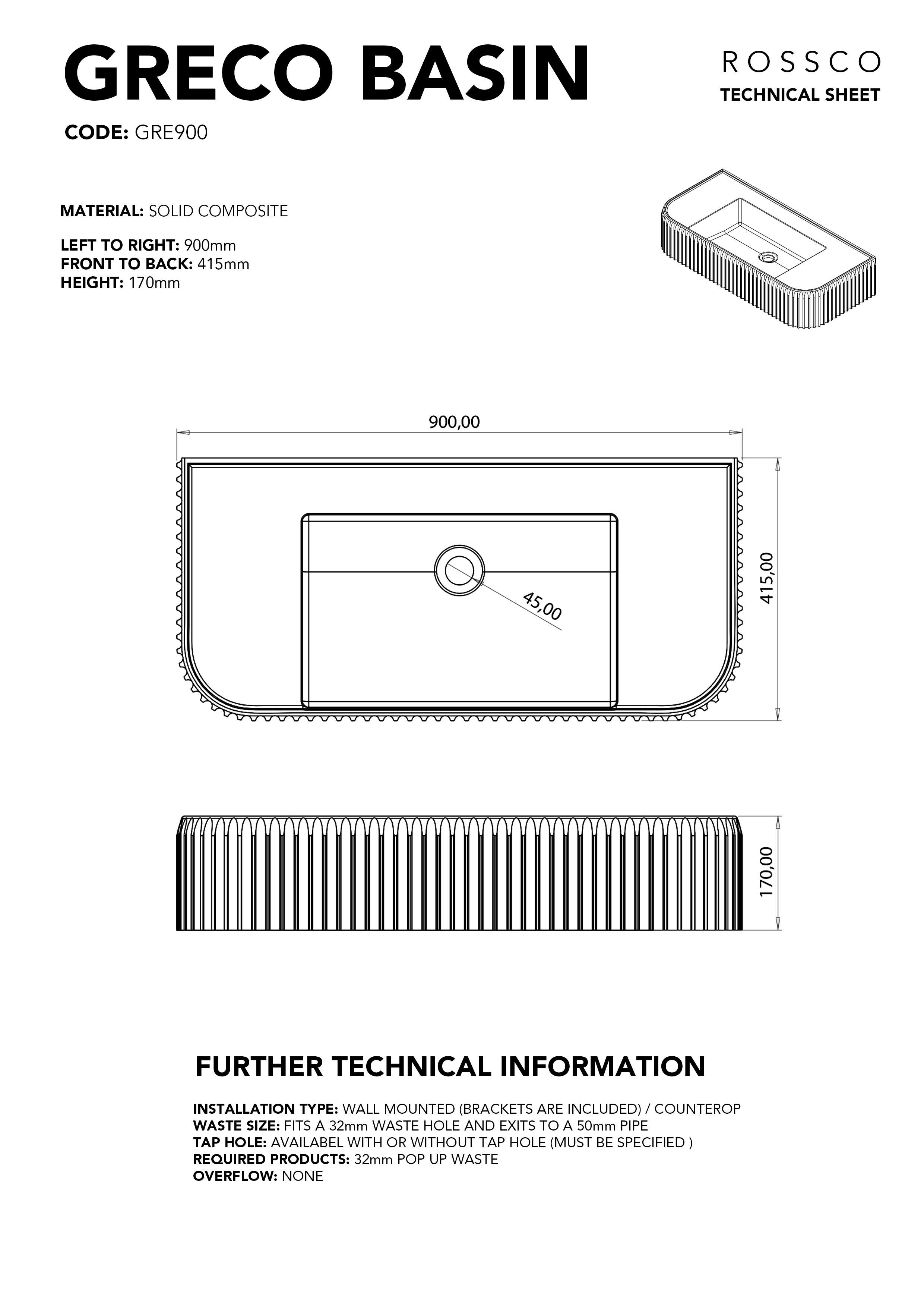 TECHNICAL DRAWING – GRE900 GRECO BASIN 900 – ROSSCO